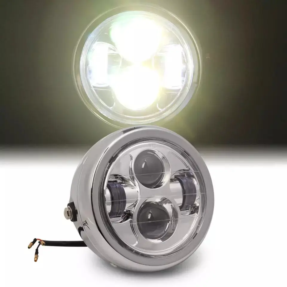 Moto headlight universal LED round Classic Led Chrome on a motorcycle ...